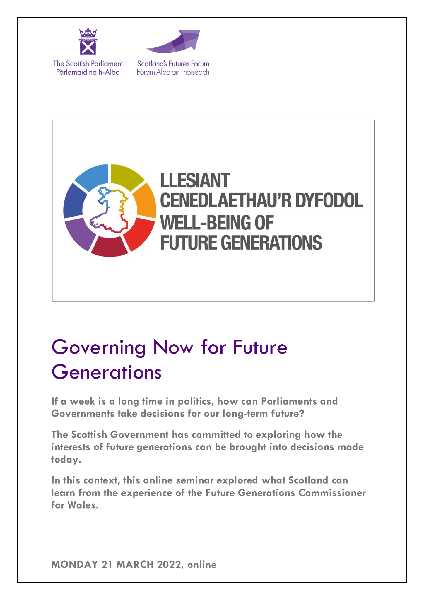 Governing Now for Future Generations | Scotland's Futures Forum